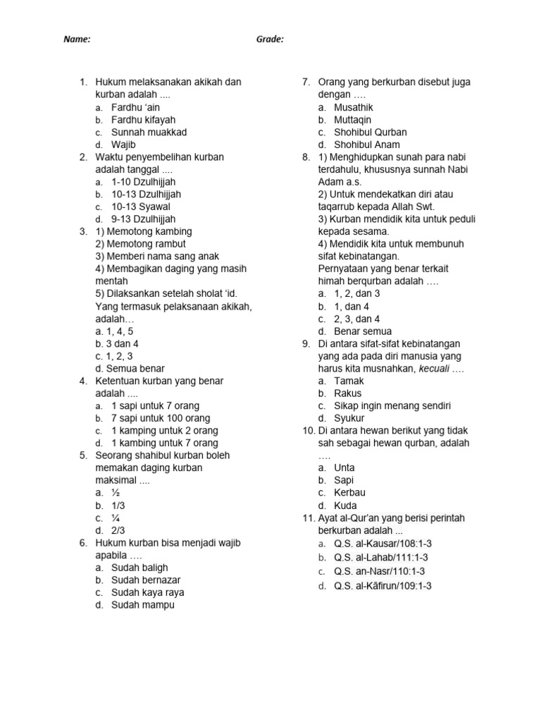 Soal Quis Kls 9 Akikah Dan Qurban | PDF