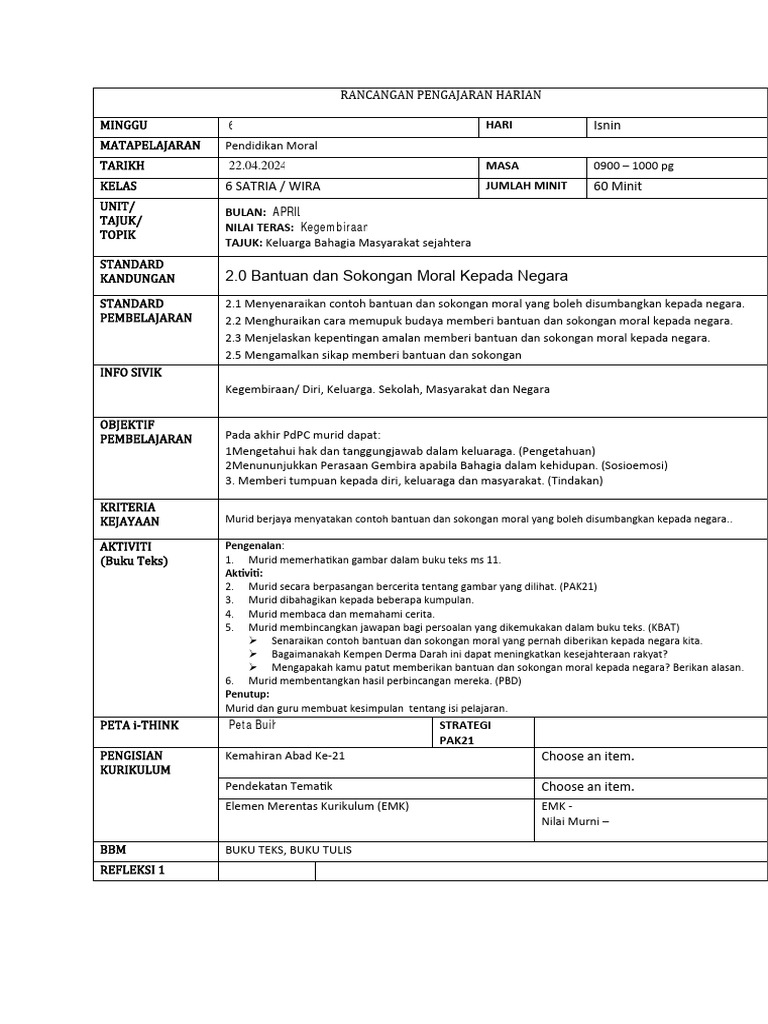 RPH Moral Sivik April Tahun 6 | PDF