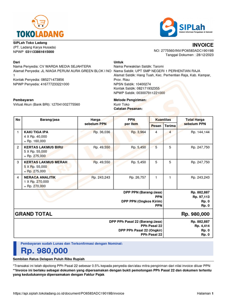 Invoice: Pembayaran Sudah Lunas Dan Terkonfirmasi Dengan Nominal | PDF