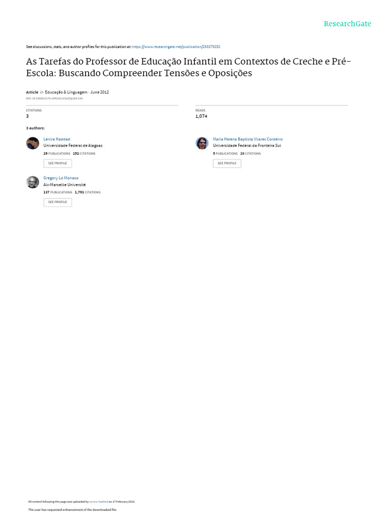 As Tarefas Do Professor de Educacao Infantil em Co | PDF | Pré-escola | Sociologia