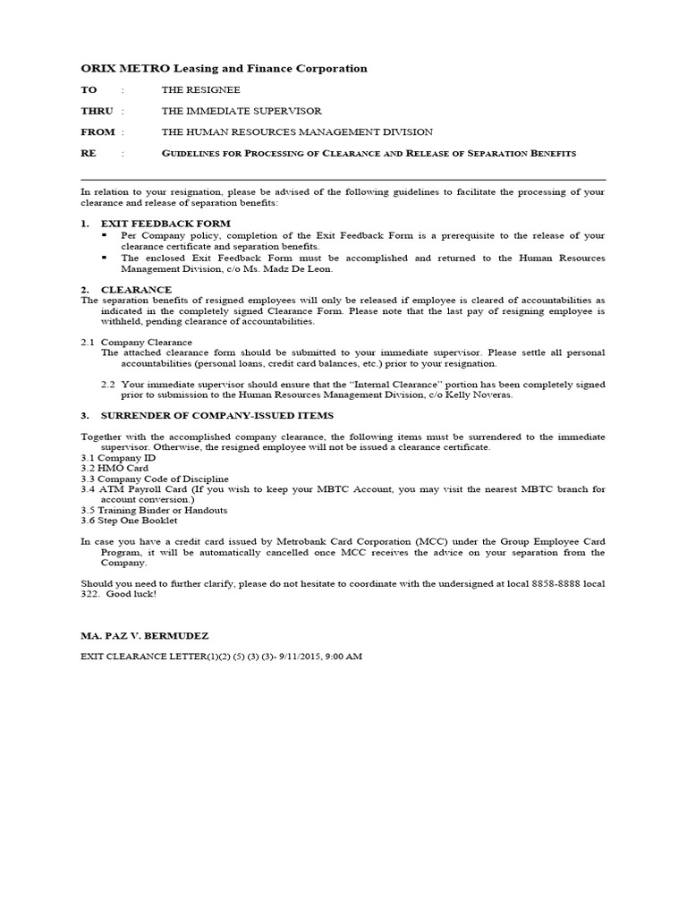 EXIT CLEARANCE LETTER | PDF