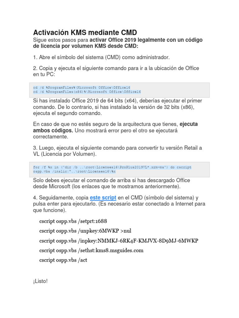 Activación Office 2019 KMS mediante CMD | PDF