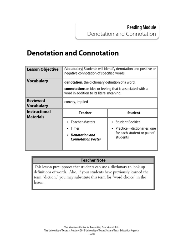 Denotation and Connotation Lesson | PDF | Definition | Vocabulary Denotation and Connotation Lesson | PDF | Definition | Vocabulary