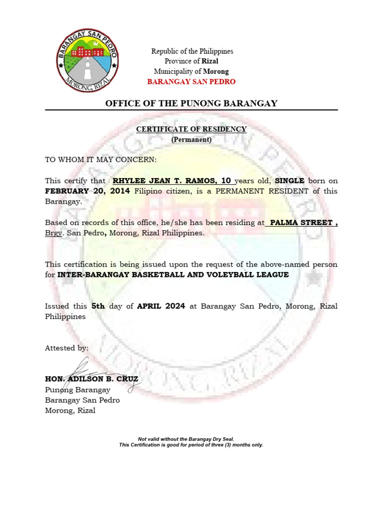 Office of The Punong Barangay: Certificate of Residency (Permanent ...