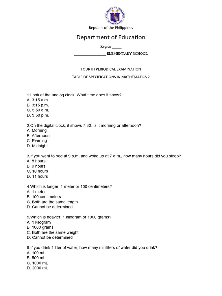 Grade 2 MATHEMATICS Q4 PT | PDF | Litre | Units Of Measurement