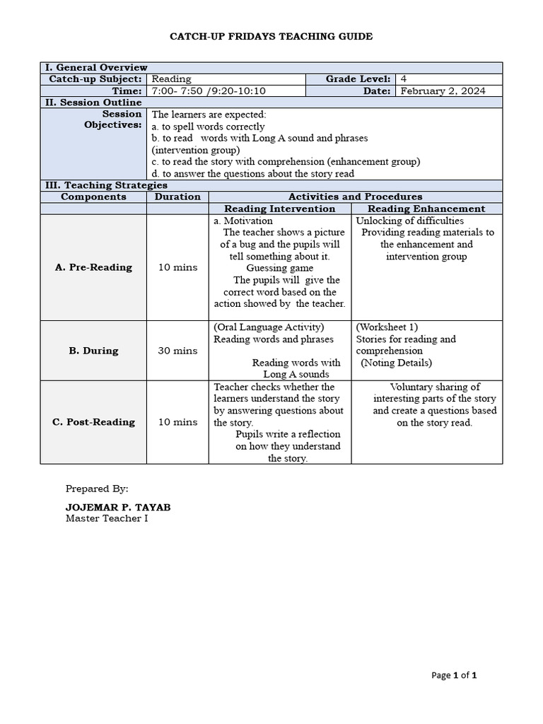 Catch-Up Fridays: 4th Grade Reading Guide | PDF | Reading Comprehension ...
