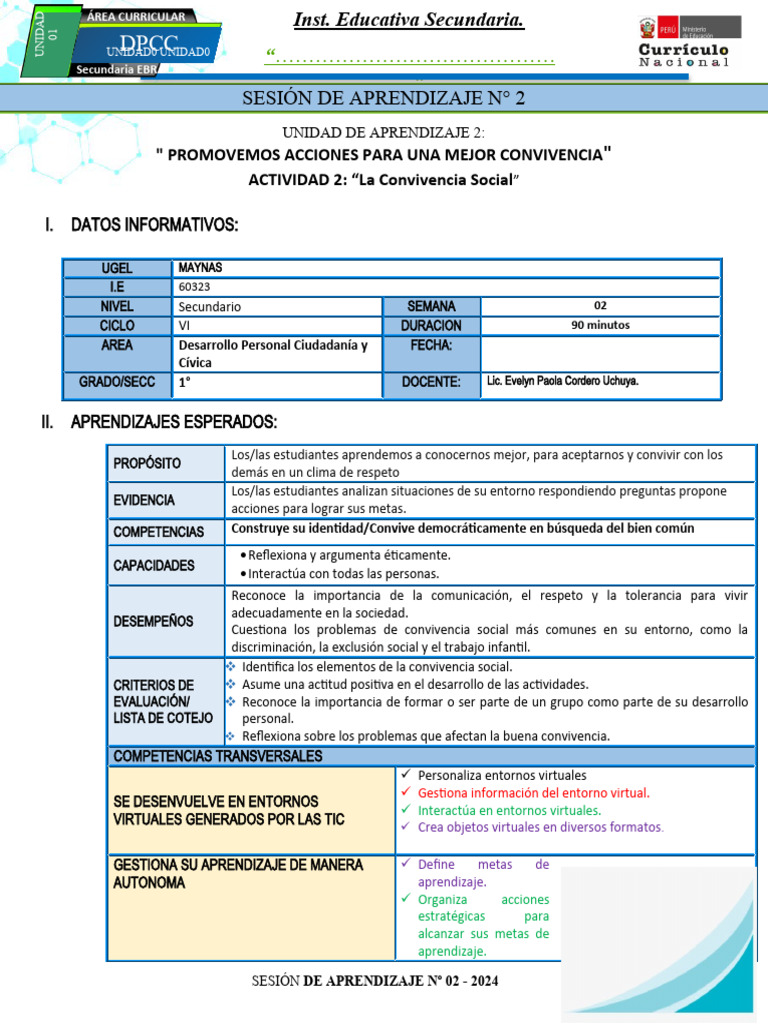 1º DPCC Sesiones Act. 02 Uni 01 - 2024 | PDF | Aprendizaje | Evaluación