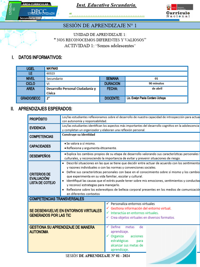 1. 2º DPCC SESIÓN 1 UNI 1 SEM 01 - 2024 | PDF | Aprendizaje | Evaluación