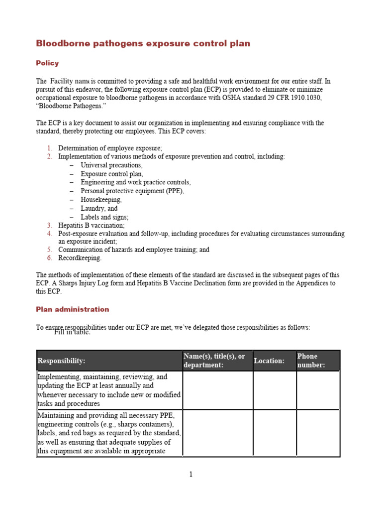 Bloodborne Pathogens Plan | PDF | Hepatitis B | Personal Protective ...