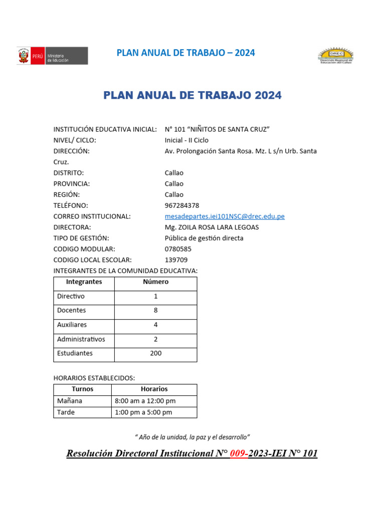 Plan de Trabajo 2024: IEI Niñitos de Santa Cruz | PDF | Pedagogía ...