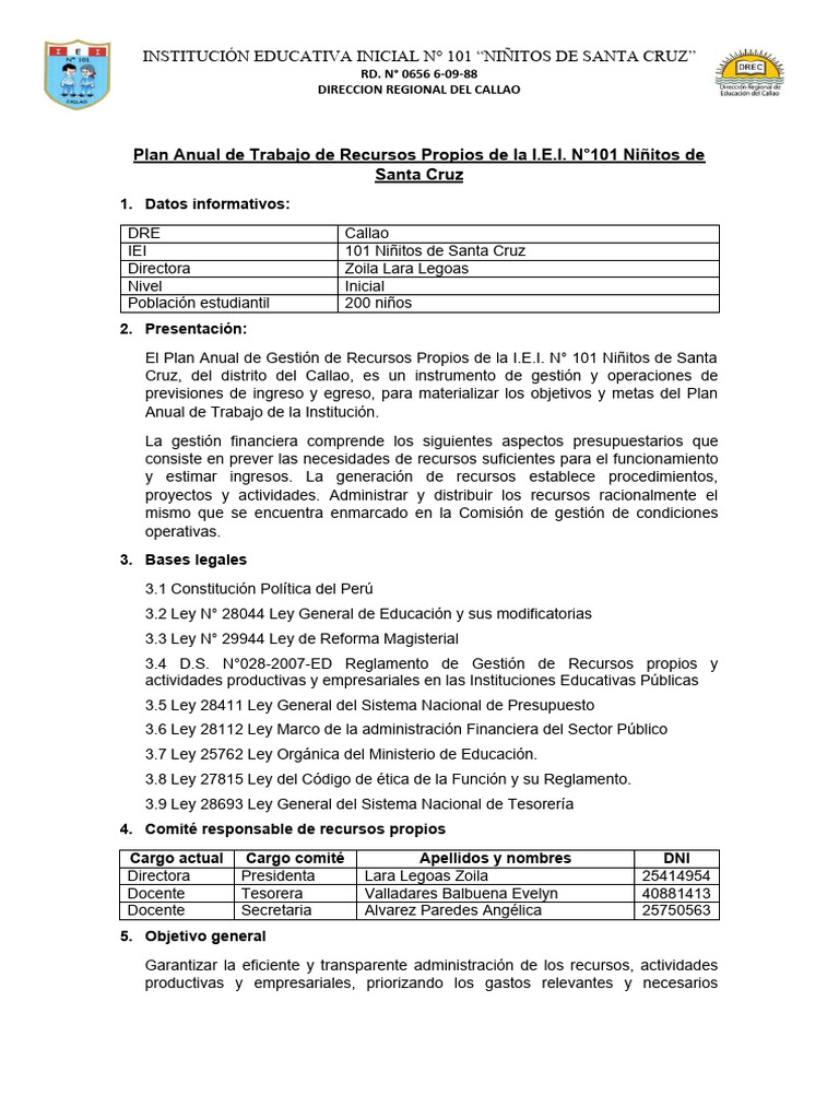 Plan Anual de Trabajo de Recursos Propios de La IEI 101-2024 | PDF ...