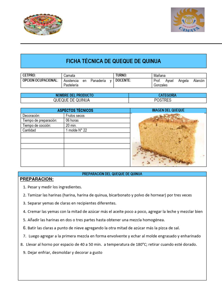 Queque de Quinua | Descargar gratis PDF | Pasteles | Postres
