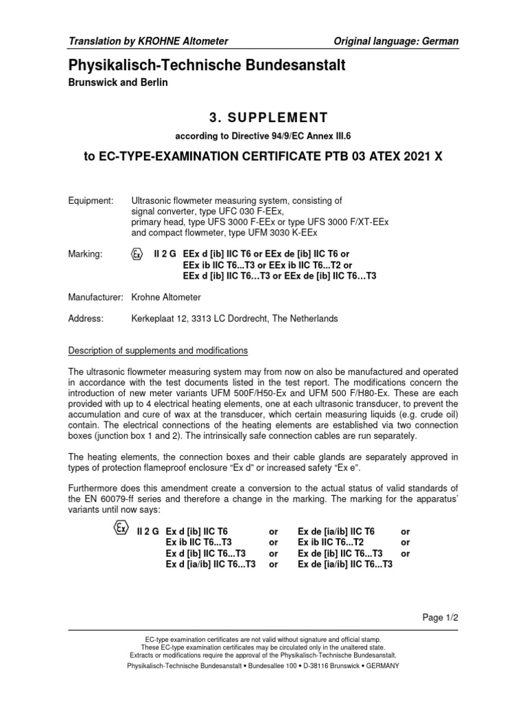 PTB03ATEX2021X | PDF | Flow Measurement | Electrical Engineering