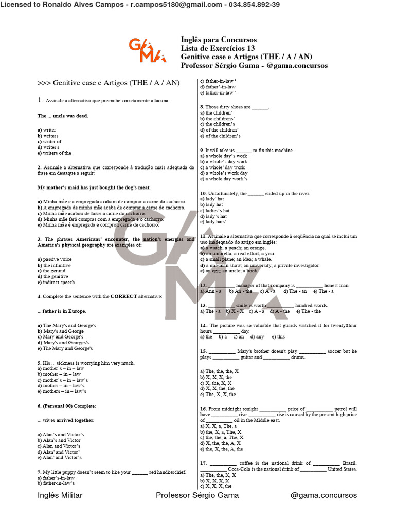 Genitive Case & Articles Exercise | PDF | Syntax | Grammar