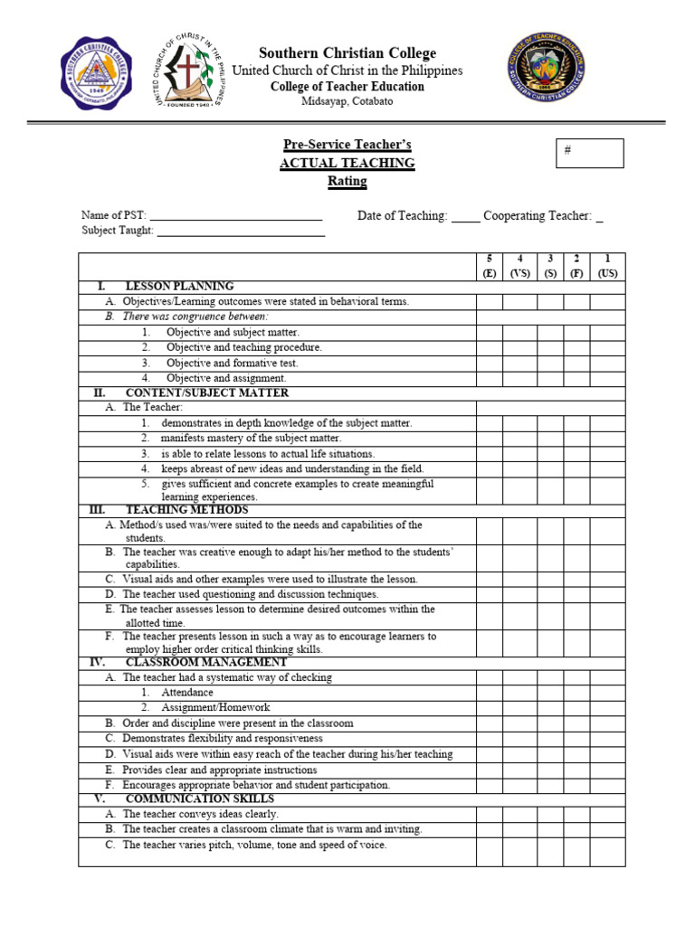 Actual Teaching Rating Sheet - INTERNSHIP | PDF | Teachers | Learning