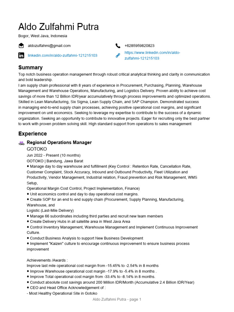 Resume Aldo Putra Final | PDF | Logistics | Supply Chain