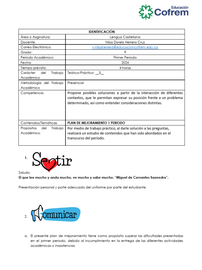 9 Plan de Mejoramiento Espa-Ol 1 Periodo | PDF