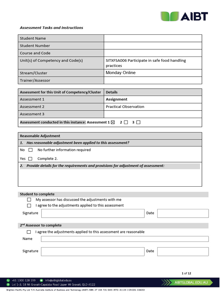 SITXFSA006 Safe Food Handling Assessment | PDF | Food Safety | Hazard ...