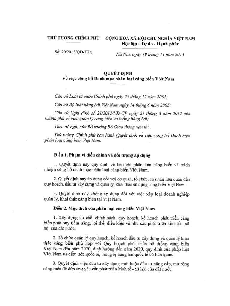 QD 70 2013 QD-TTG Cong Bo Danh Muc Phan Loai Cang Bien VN | PDF