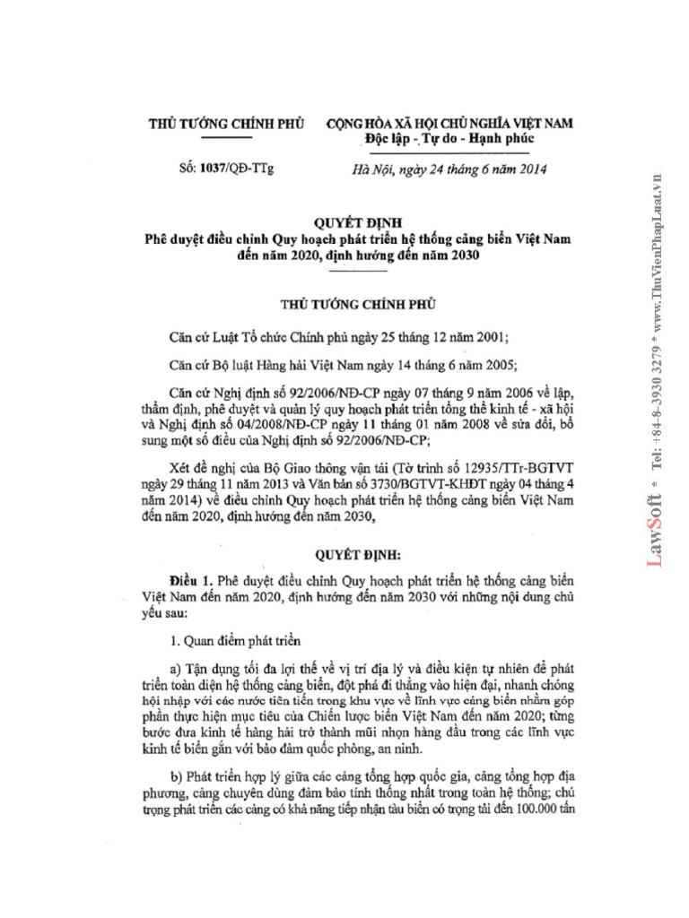 QD 1037 QD-TTG Phe Duyet DCQH PT He Thong Cang Bien VN 2020-2030 | PDF