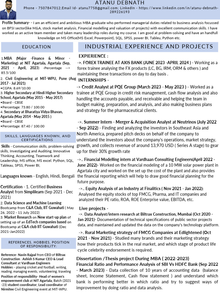 Atanu Debnath Resume PDF | PDF | Financial Analyst | Financial Economics