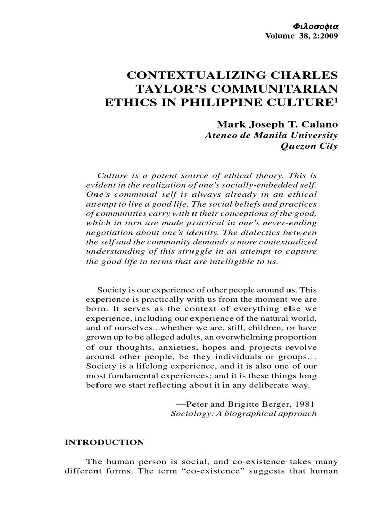 Contextualizing Charles Taylor'S Communitarian Ethics in Philippine ...