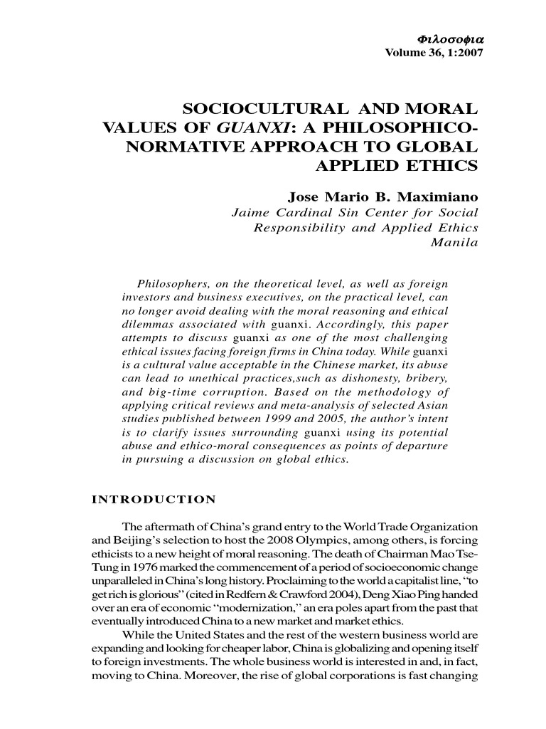 Sociocultural and Moral Values of Guanxi: A Philosophico-Normative ...