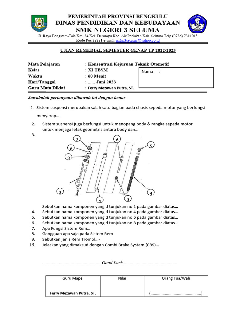 Ujian Remedial Teknik Otomotif SMK Seluma | PDF