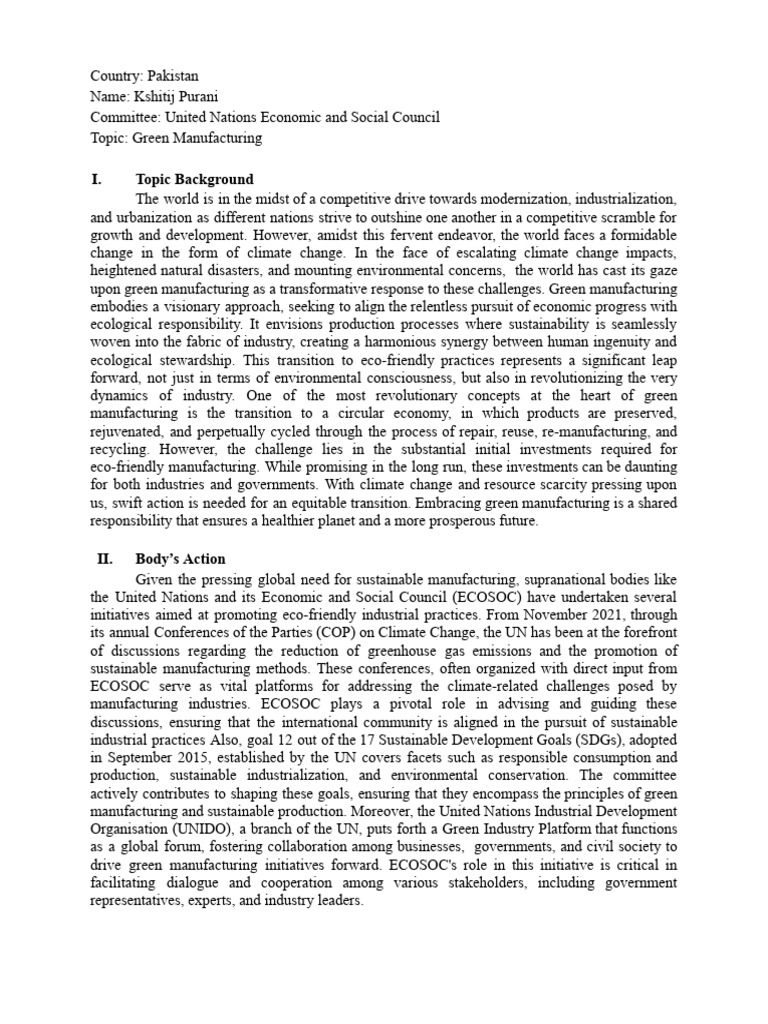 ECOSOC Position Paper (Pakistan) | PDF | Sustainability | United Nations