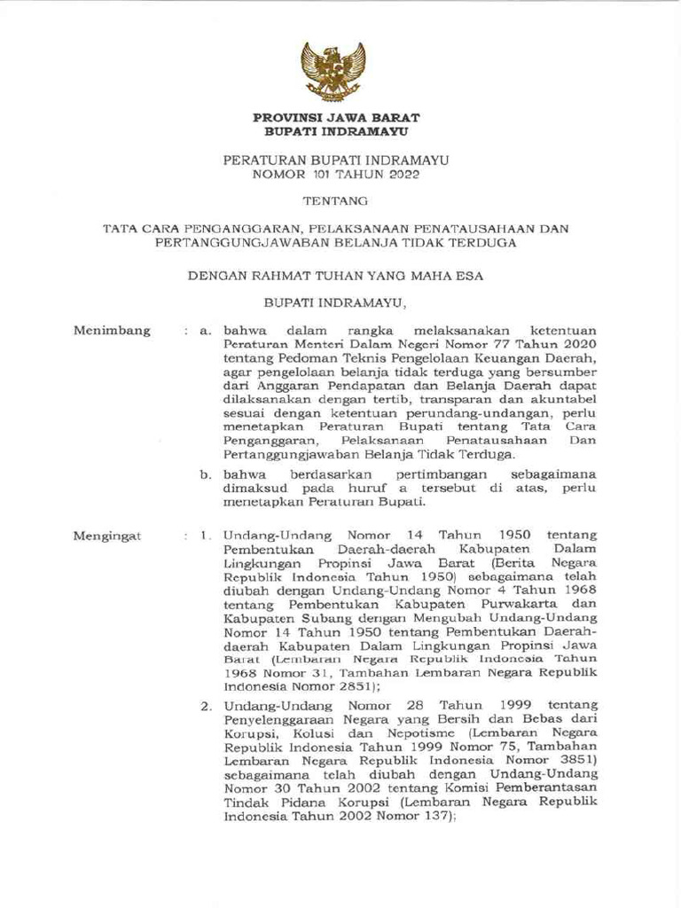 Perbup Nomor 101 Tahun 2022 - Tata Cara Penganggaran BTT 2022 | PDF