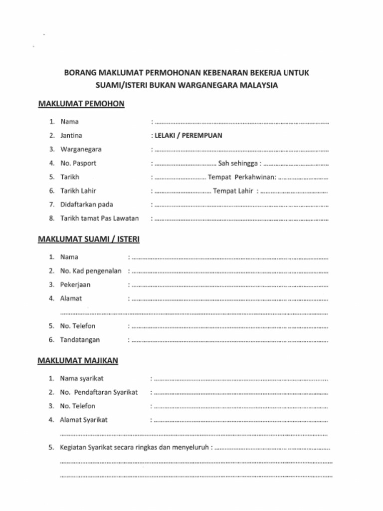 Borang - Maklumat Permohonan Kebenaran Bekerja Bagi Suami Kepada Warganegara | PDF