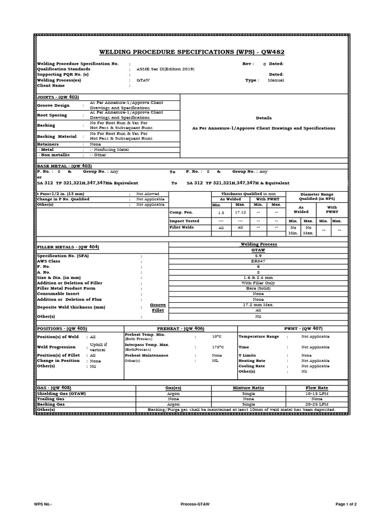 Welding Procedure Specifications Wps Ow482 1677154438 | PDF | Welding ...