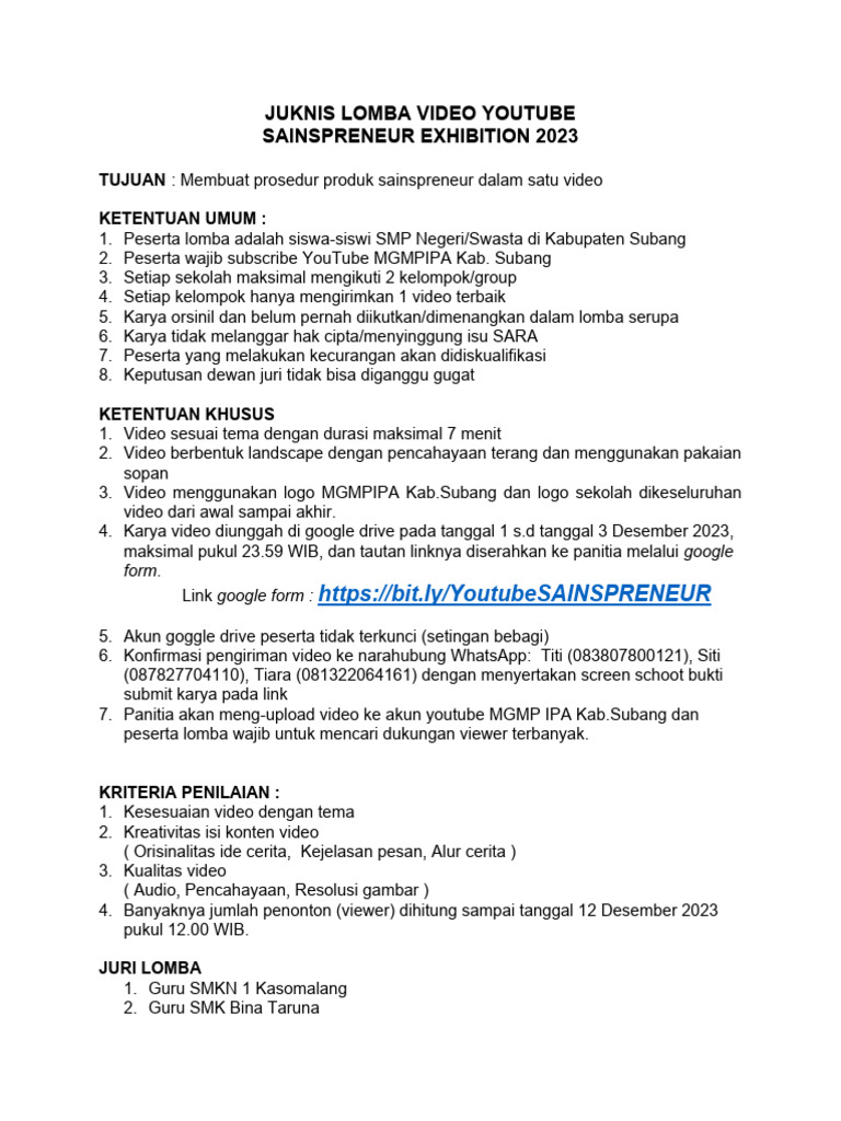 Juknis Lomba Video YouTube Sainspreneur 2023 | PDF