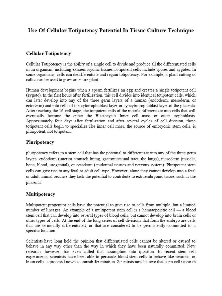 Use of Cellular Totipotency Potential in Tissue Culture Technique | PDF ...
