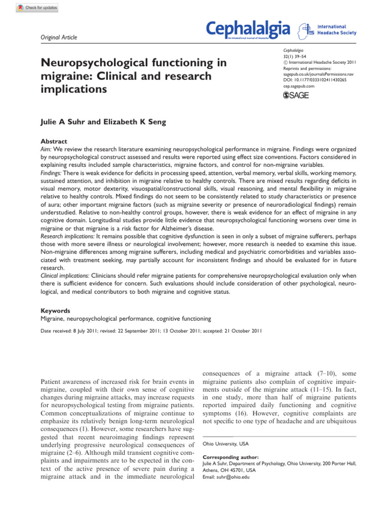 Neuropsychological Functioning in Migraine | PDF | Migraine | Headache