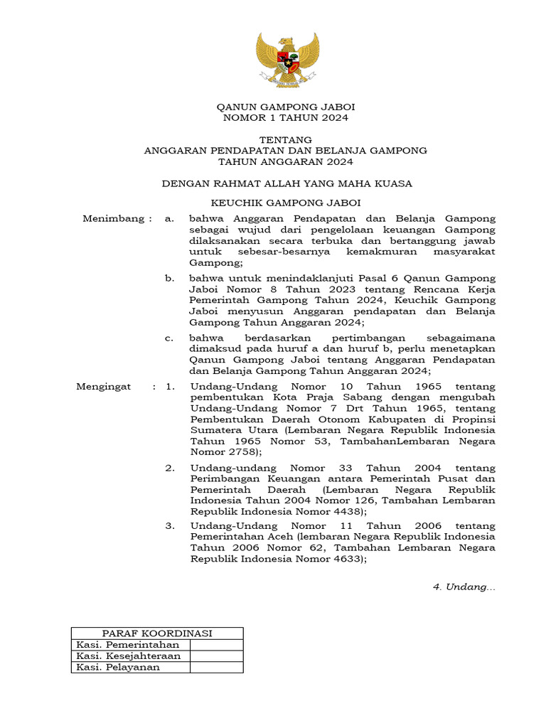 Rancangan QANUN NOMOR TENTANG APBG KUTA ATEUH TAHUN 2024 | PDF