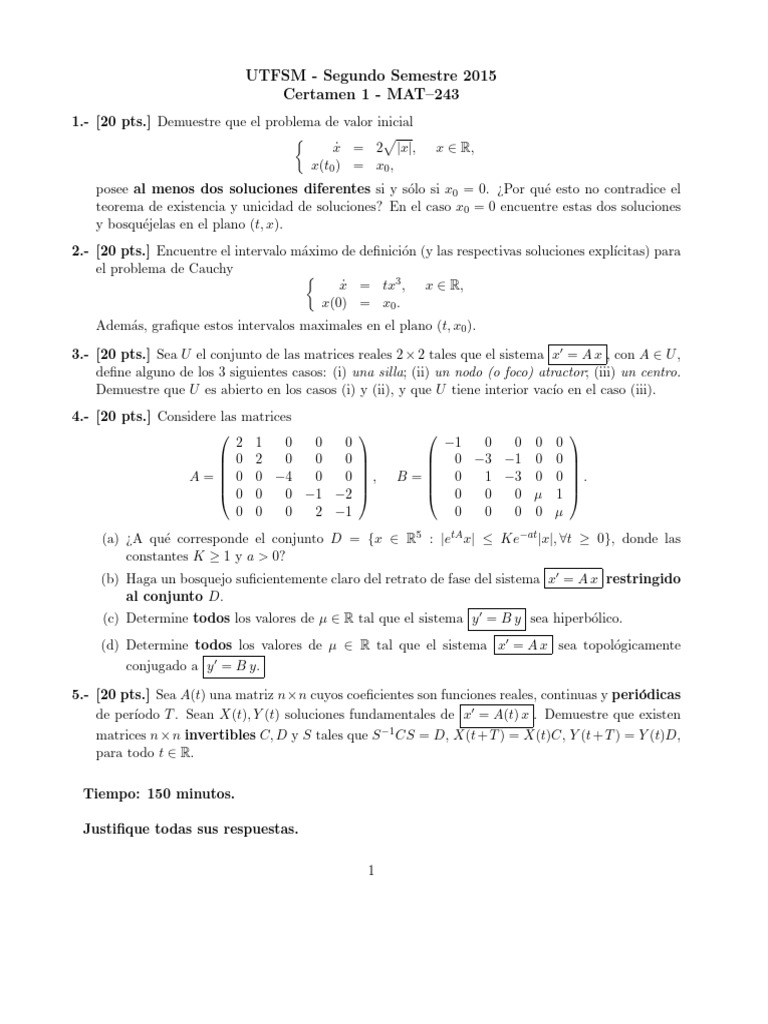 UTFSM - Segundo Semestre 2015 Certamen 1 - MAT-243 | PDF | Funciones y mapeos | Álgebra