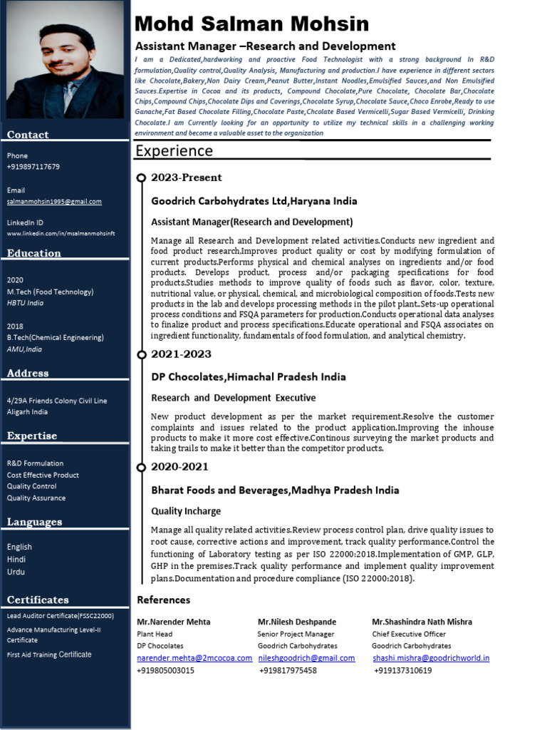 Mohd Salman Mohsin - Resume | PDF | Chocolate | Foods