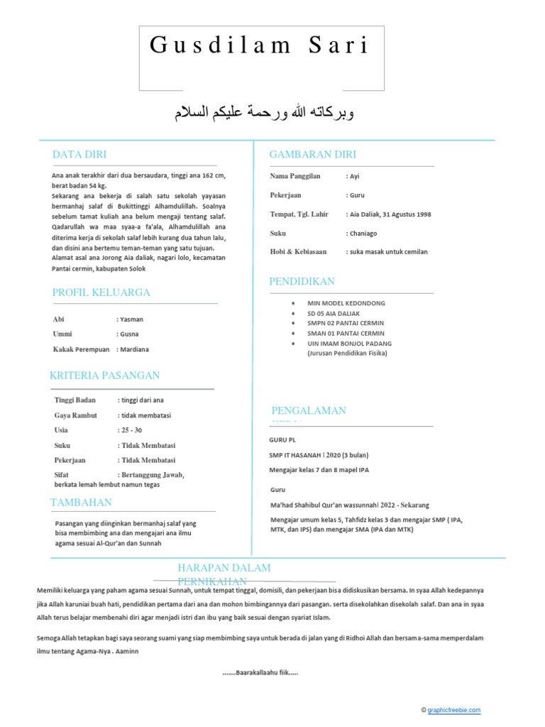 CV Taaruf Akhwat Word Simple Gratis | PDF