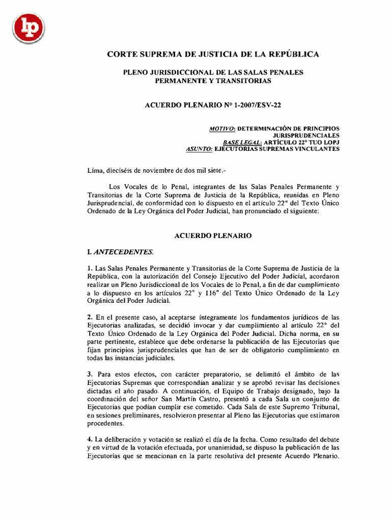 Acuerdo Plenario 01 2007 ESV 22 LPDerecho | PDF | Judicaturas | Derecho ...