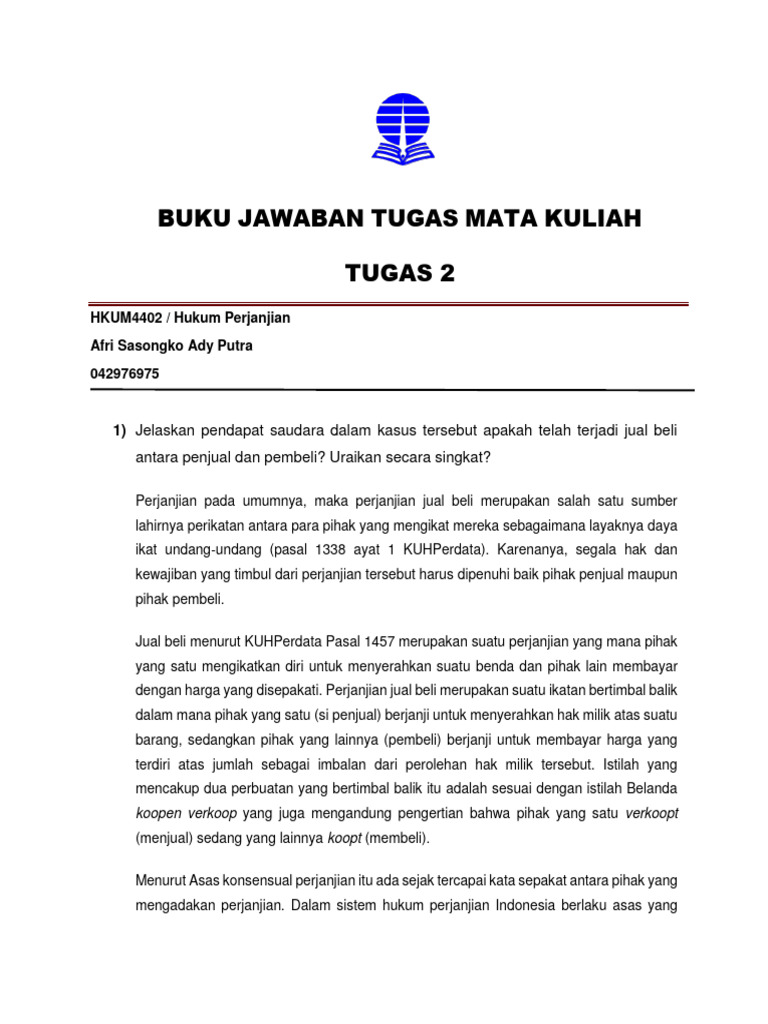 Tugas 2 Hukum Perjanjian HKUM4402 | PDF | Politik | Hukum
