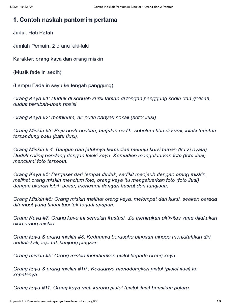 Contoh Naskah Pantomim Singkat 1 Orang Dan 2 Pemain | PDF