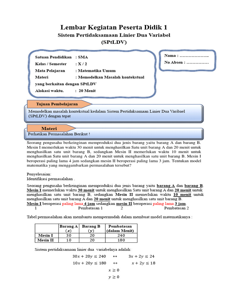 SPTLDV LKPD 1 Model Matematika | PDF