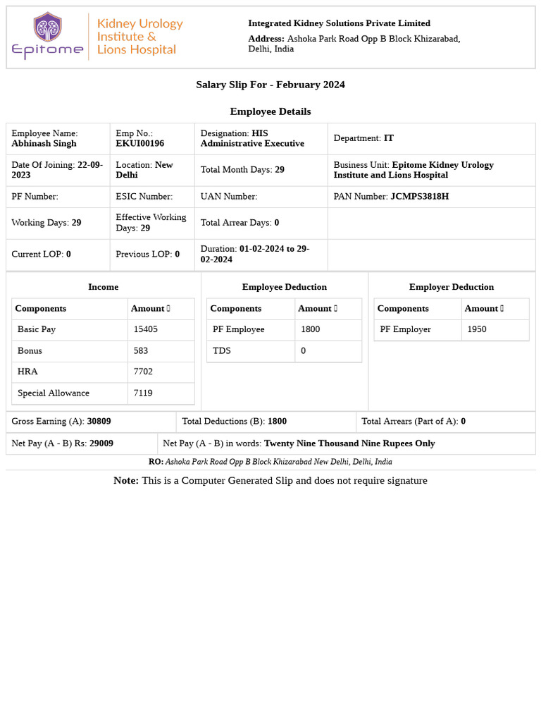 Abhinash Singh Payslip February 2024 | PDF