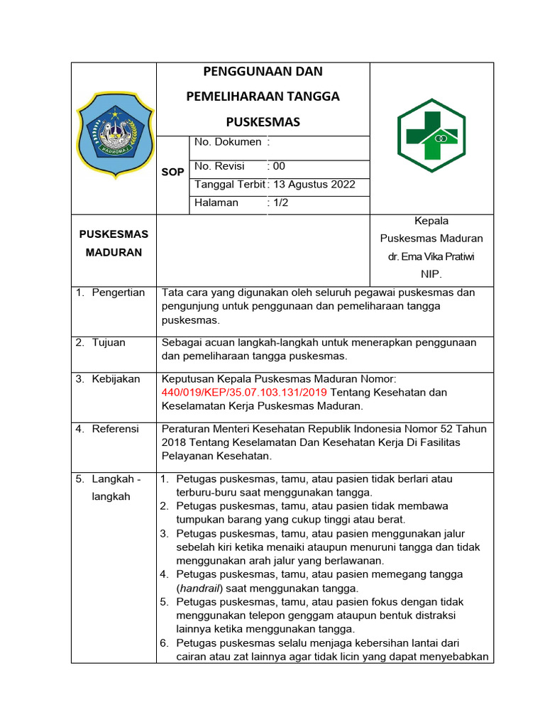 Sop Penggunaan Dan Pemeliharaan Tangga Puskesmas | PDF