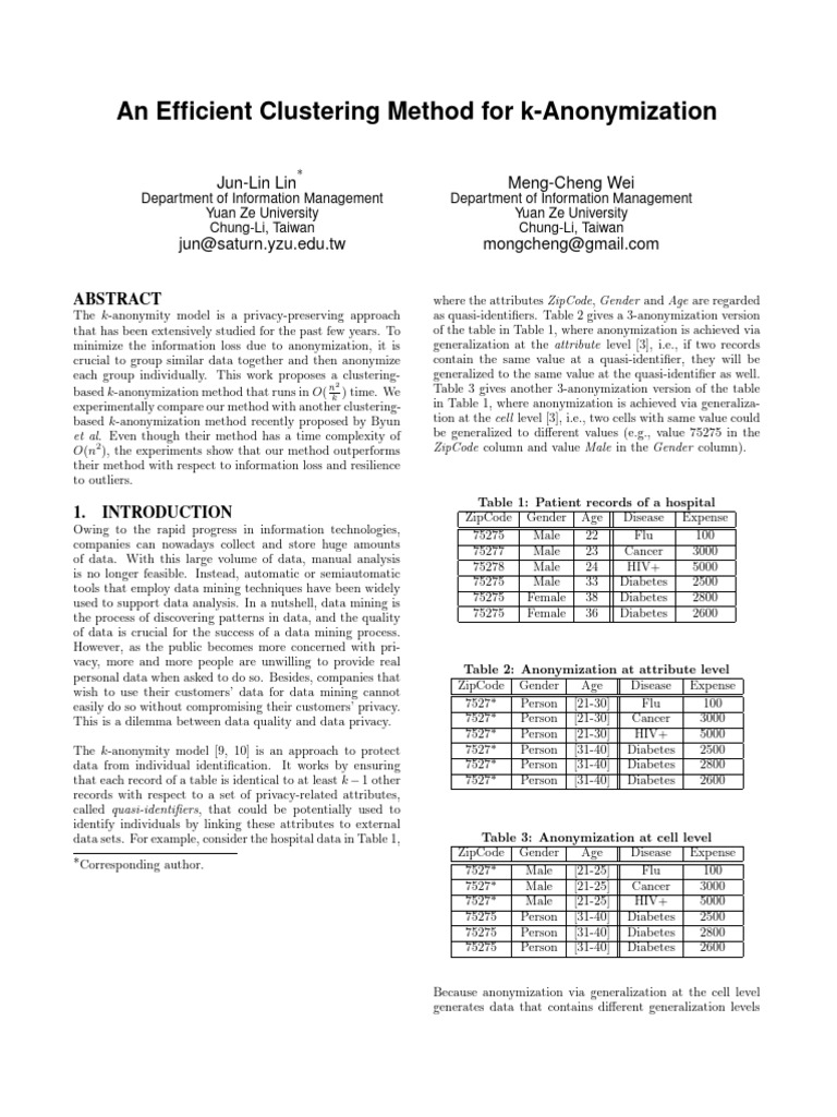 2 An Efficient Clustering Method For K Anonymization New Pdf Cluster Analysis Data