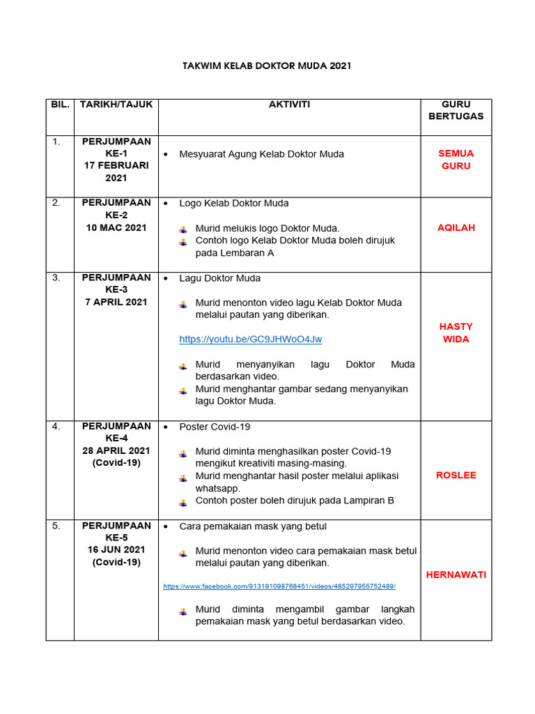 Takwim Kelab Doktor Muda 2021 | PDF