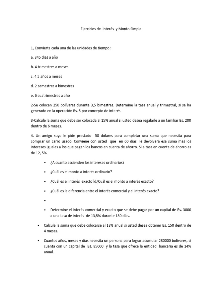 Ejercicios de Interés y Monto Simple | PDF