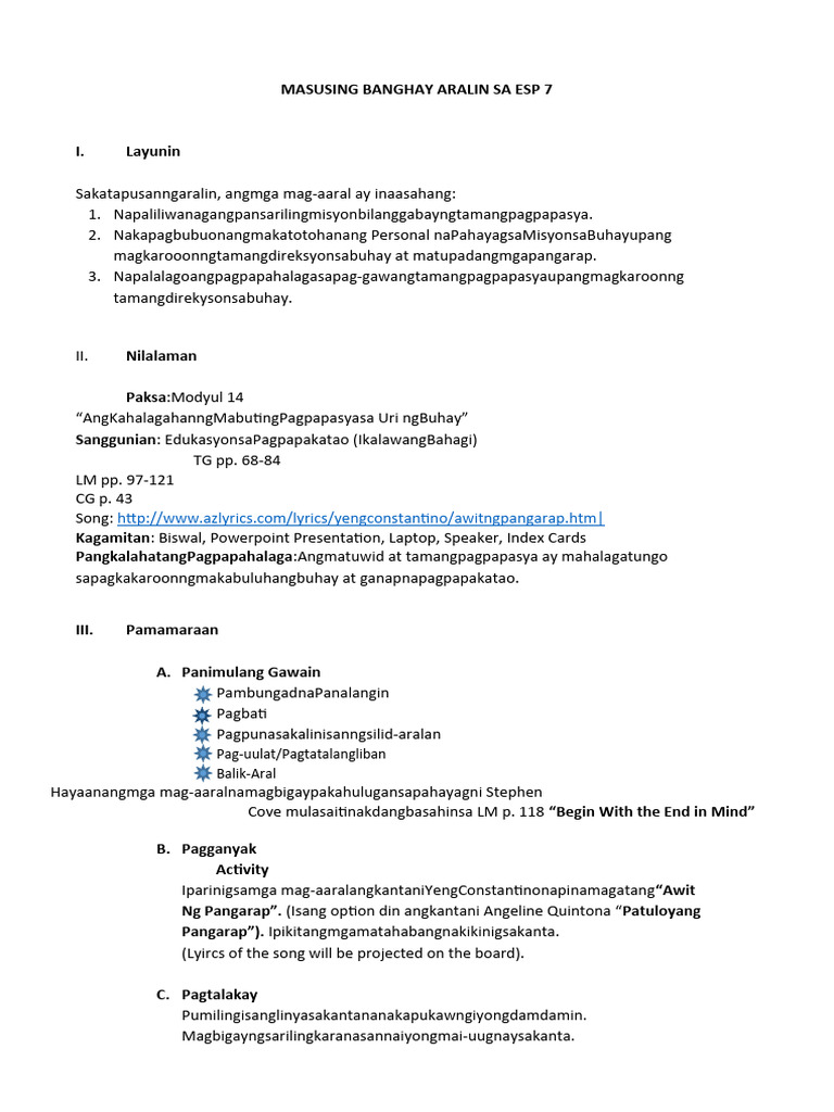 Masusing Banghay Aralin Sa Esp 7 Module 14 | PDF