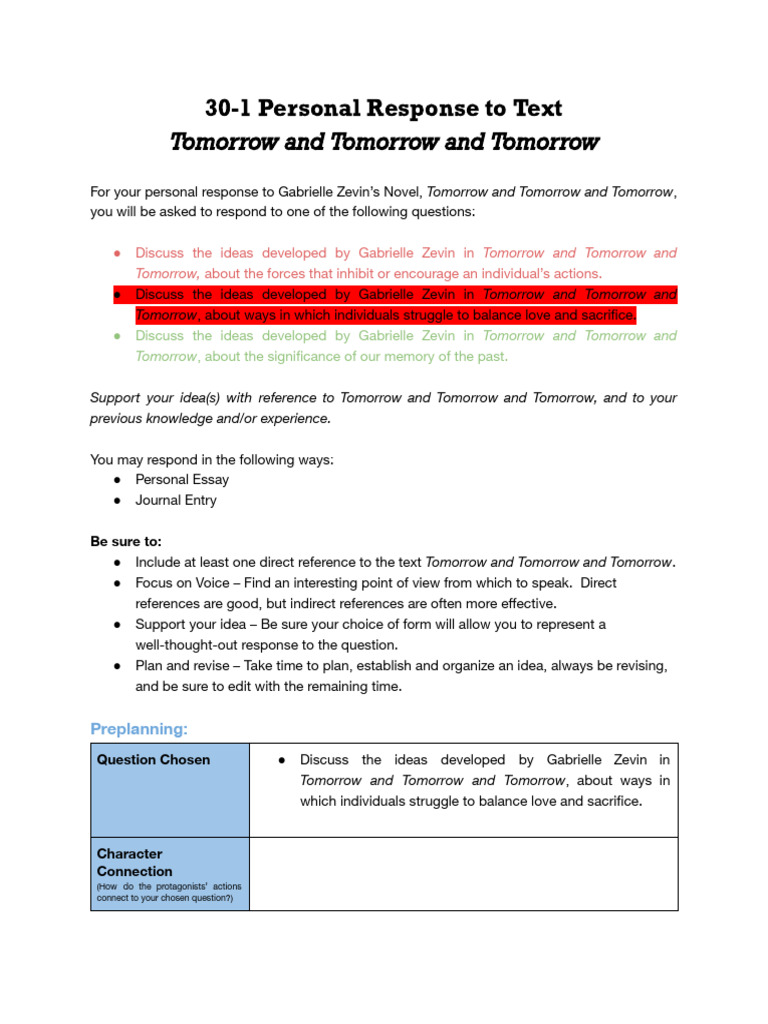 Tomorrow and Tomorrow and Tomorrow: 30-1 Personal Response To Text | PDF